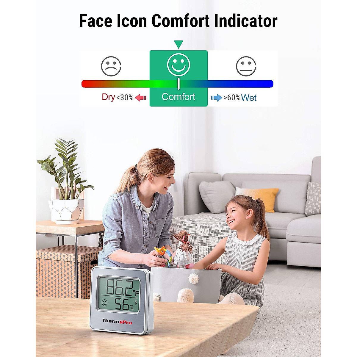 ThermoPro TP357 Digital Hygrometer Indoor Thermometer of 260FT, Bluetooth Humidity Meter with Smart App, Room Humidity Gauge with Humidity Sensor