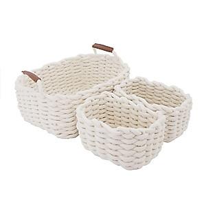 JJSQYLAN Cotton Rope Blanket Storage Basket for shelf,small decorative woven basket Organization and storage for Candy Food Nursery Baby Clothes Towels Diaper Caddy Books (Set of 3, White)