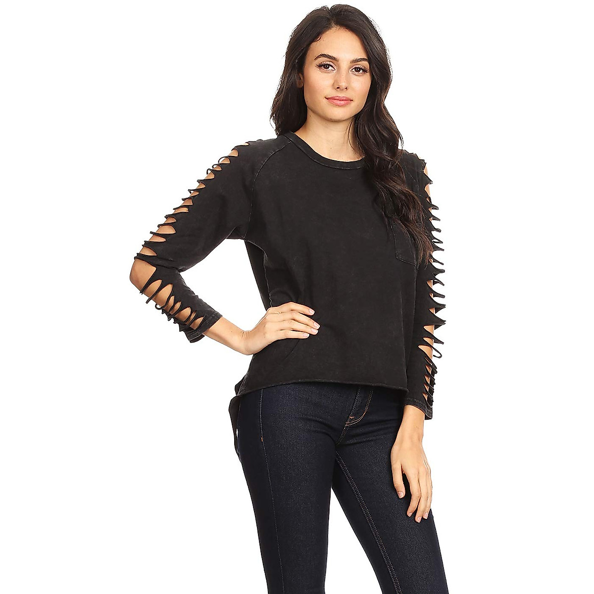 Anna-Kaci Ripped Cut Out Holes Long Sleeve Faded Distressed Top Pullover Shirt,Black,X-Large