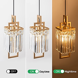 lighceac Modern Gold Pendant Light Fixtures for Kitchen Island and Dining Room, Industrial Small Hanging Crystal Chandelier Light Fixture for Bedroom Entryway Living Room Foyer Hallway 3-Pack
