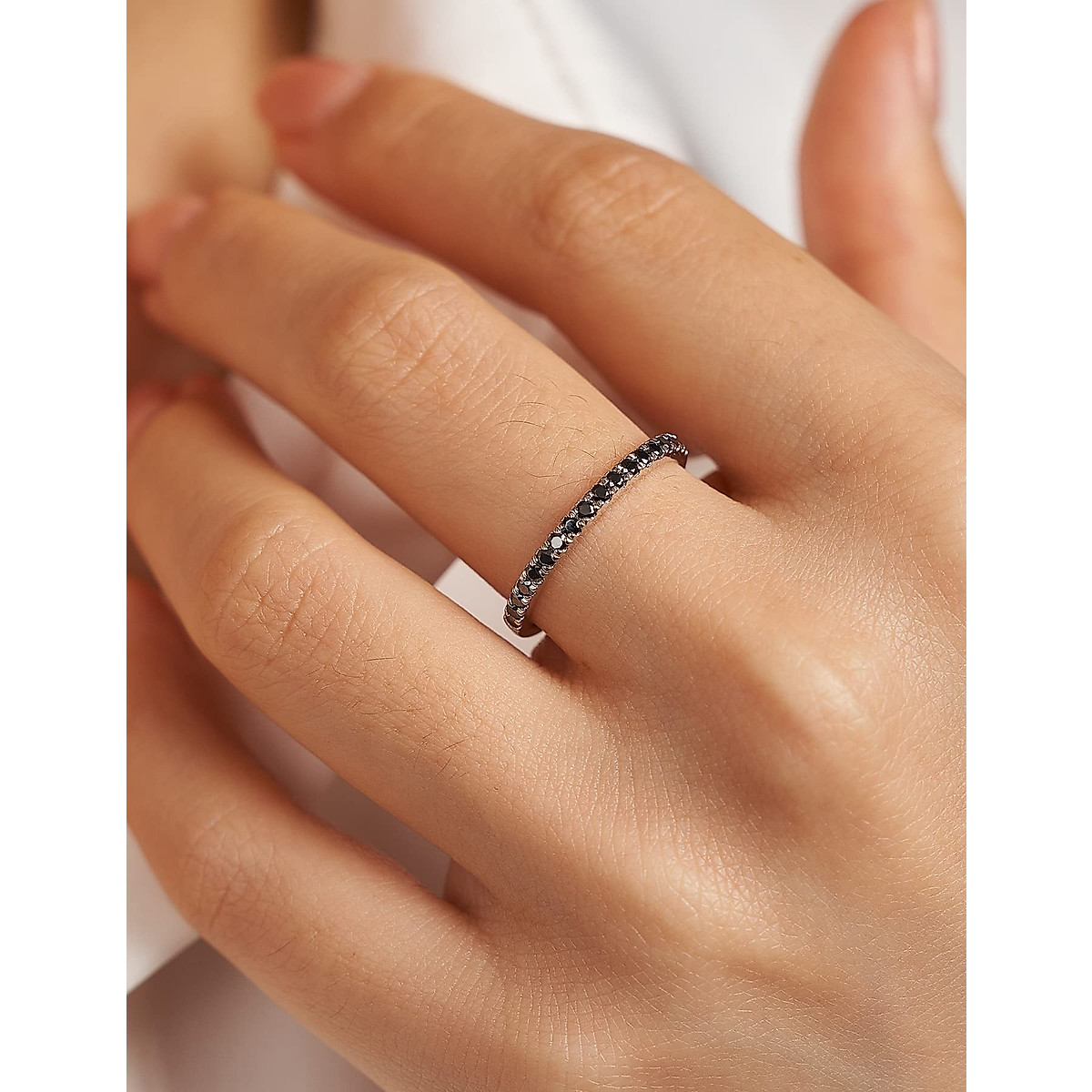 IMOLOVE Black Moissanite Wedding Band for Women Sterling Silver Moissanite Rings for Women with 18K White Gold Plated Half Eternity Bands ring for Women-BW-70