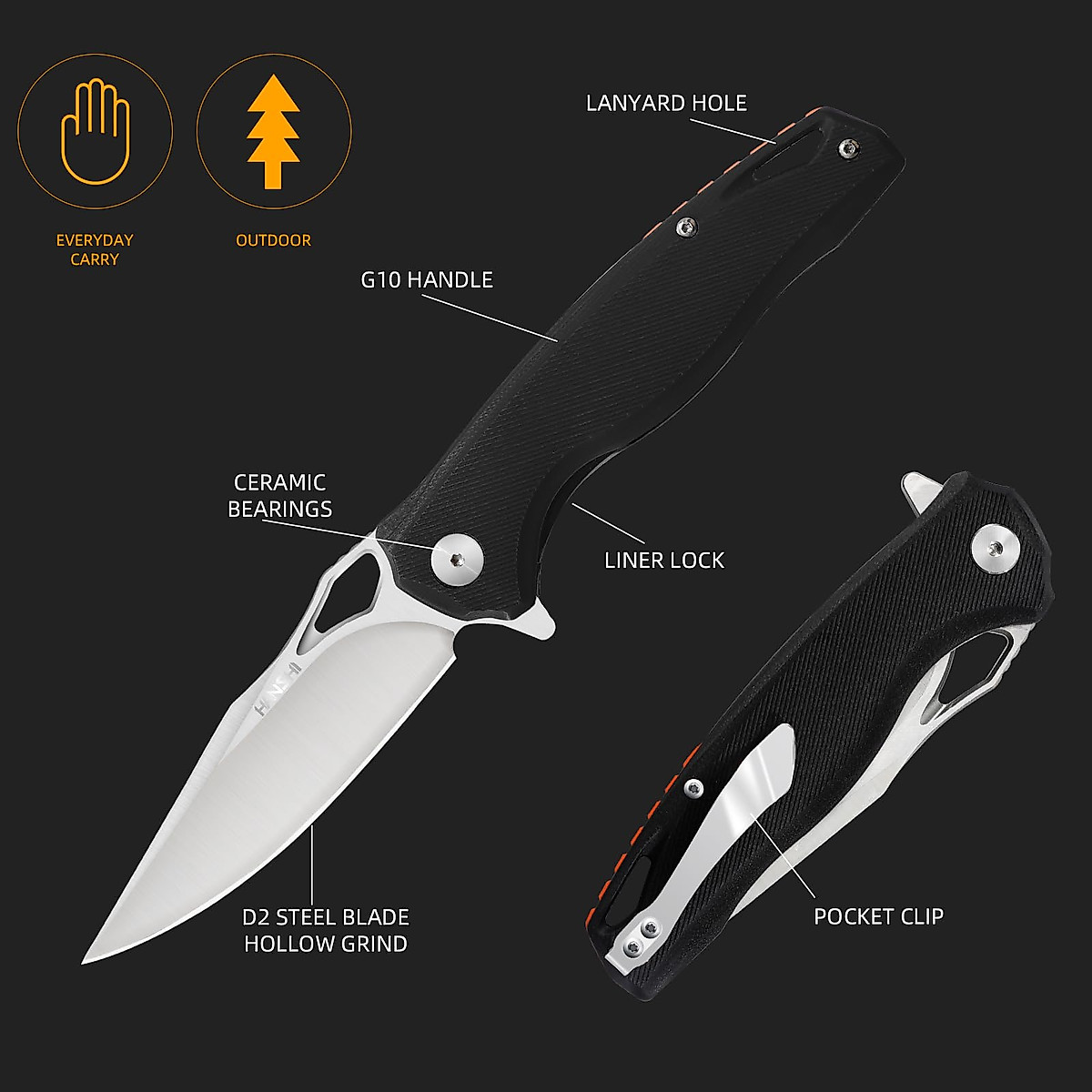 HANSHI Premium D2 Steel Blade G10 Handle Sharp Folding Pocket Knife with Clip for Men,Razor Tactical Knife Self Defense for Survival Hunting Camping Hiking Outdoor Gift,Foldable EDC Knife with Liner Lock for Women (black)