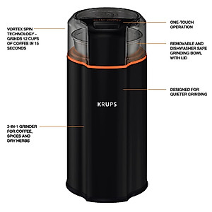 Krups Silent Vortex Coffee and Spice Grinder with Removable Dishwasher Safe Bowl 12 Cup Easy to Use, 5 Times Quieter 175 Watts Dry Herbs, Nuts, Black
