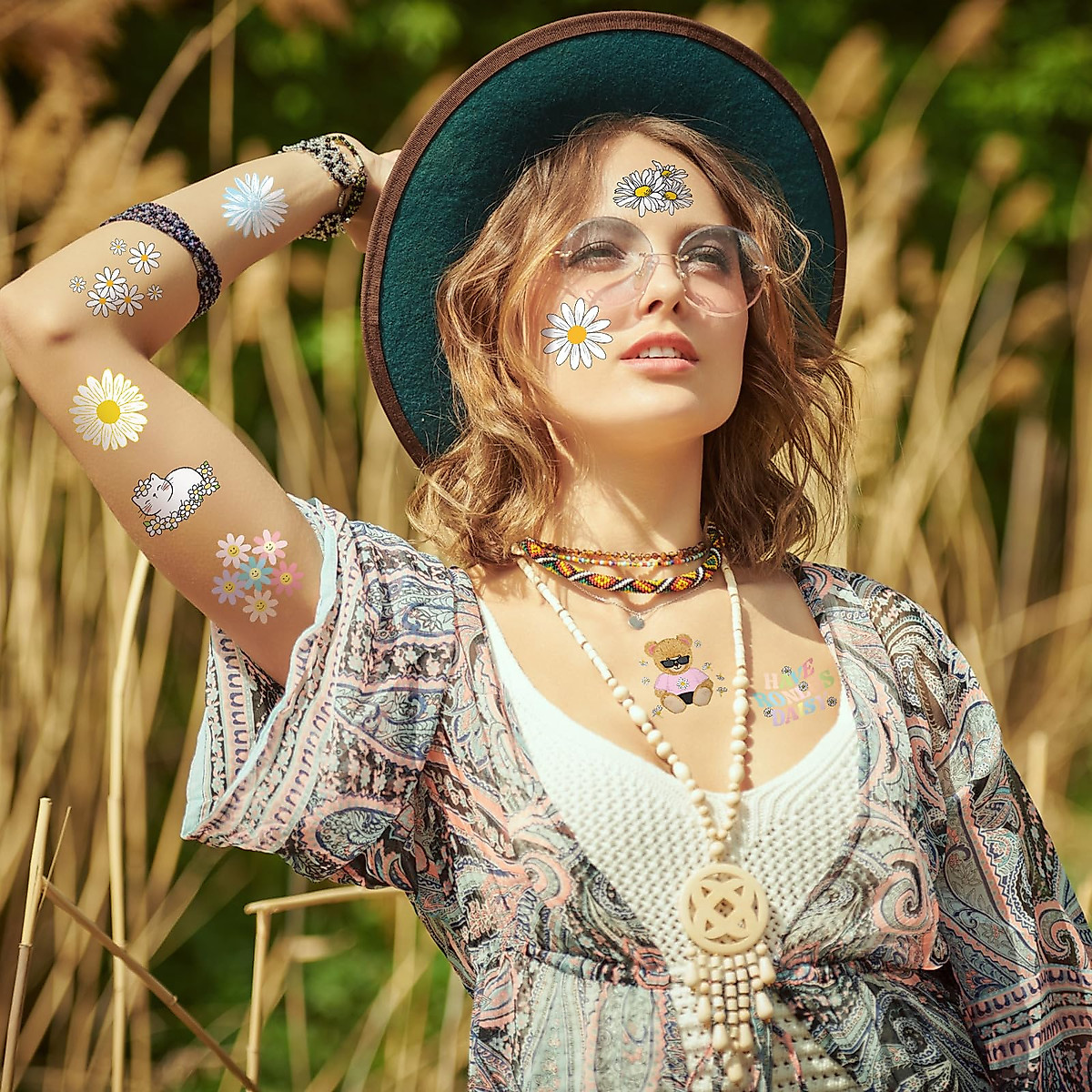 Demissle 260 Pcs Daisy Temporary Tattoo for Kids Summer Groovy Tattoo Stickers Waterproof Flower Cat Bear Rainbow Face Tattoos Boho Birthday Party Decoration Favor Cute Party Supplies Girls Boys Gifts