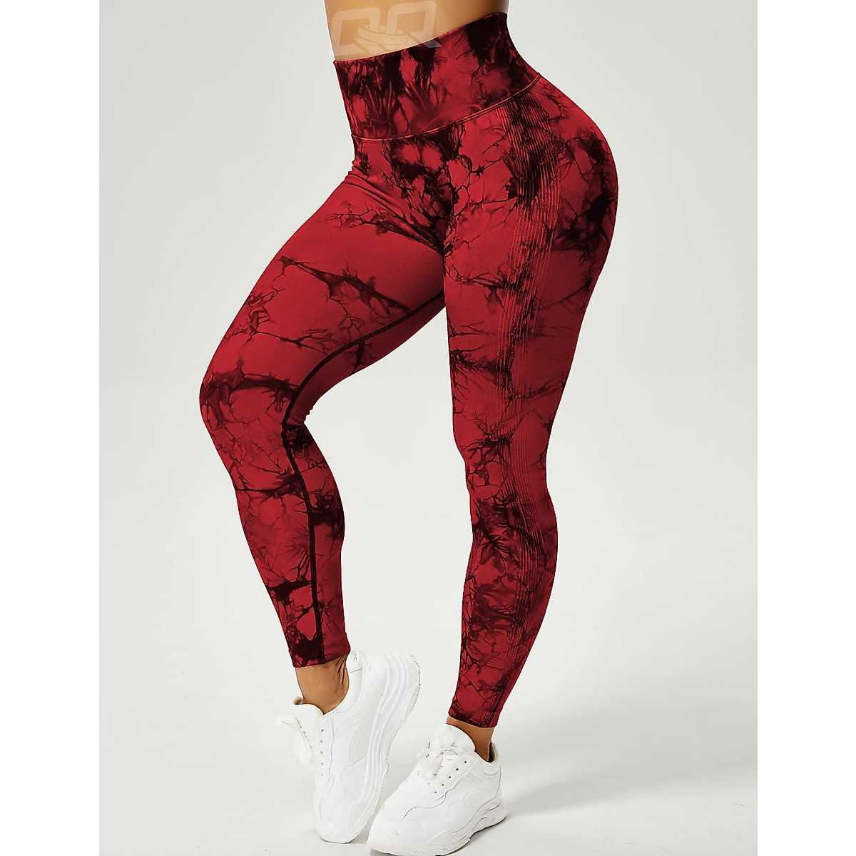 QOQ Womens Tie Dye High Waisted Workout Leggings Seamless Scrunch Booty Butt Lift Yoga Pants Tummy Control Compression Tights Red XL