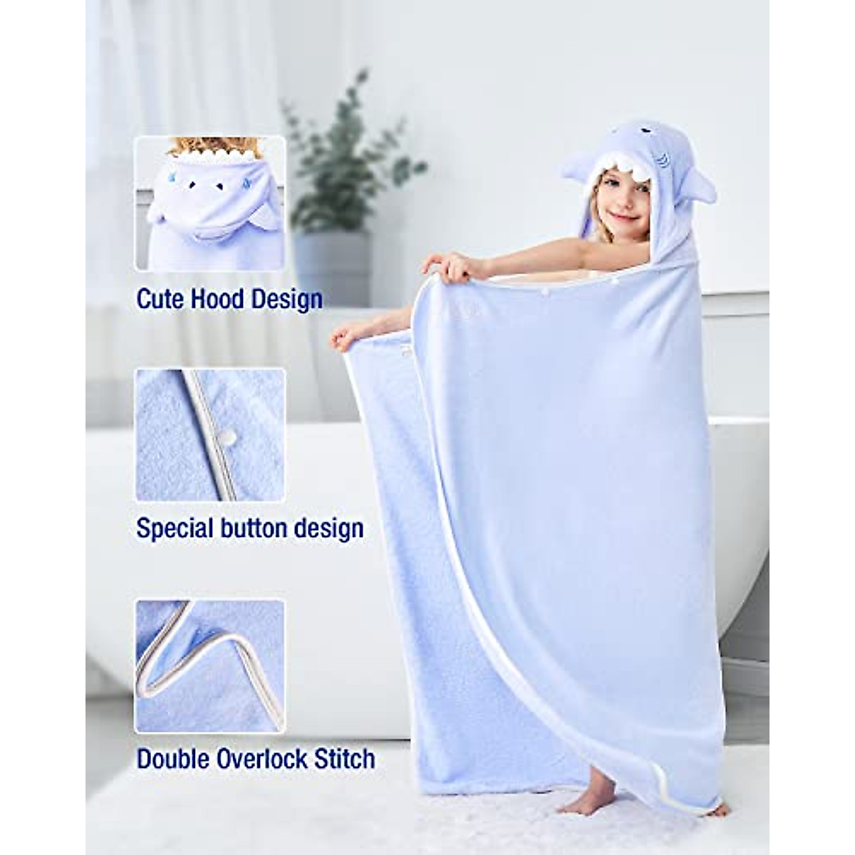 ZIONOR Bamboo Hooded Towel for Kids - 35'' x 50'' Extra Large Bath Towels for Kids 3-10 Yrs, Premium Soft Towels for Boys Girls, Ultra Absorbent and Hypoallergenic (Purple, Shark)