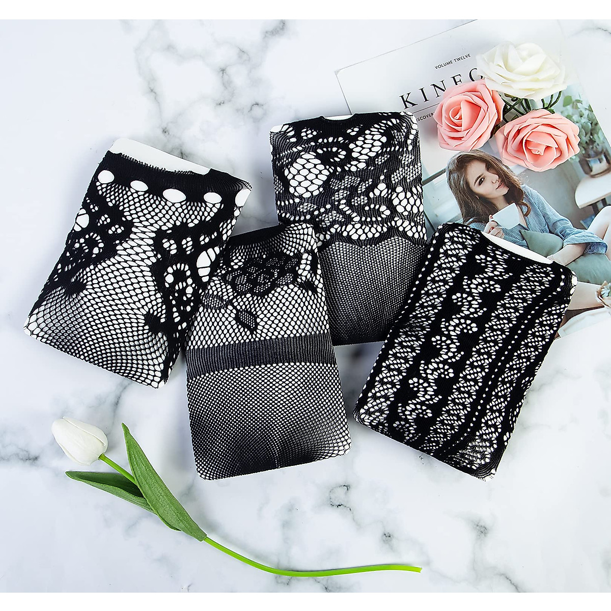 Chalier 4 Pairs Fishnet Stockings Tights Suspender Sexy Pantyhose Lace thigh high stockings for Women (Dull Black)