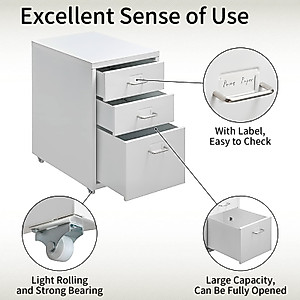 HollyHOME 3-Drawer Mobile Classification Storage Cabinet, Under Desk for A4 Mini File Cabinet, Mobile file Cabinet with Wheels for Home and Office, White