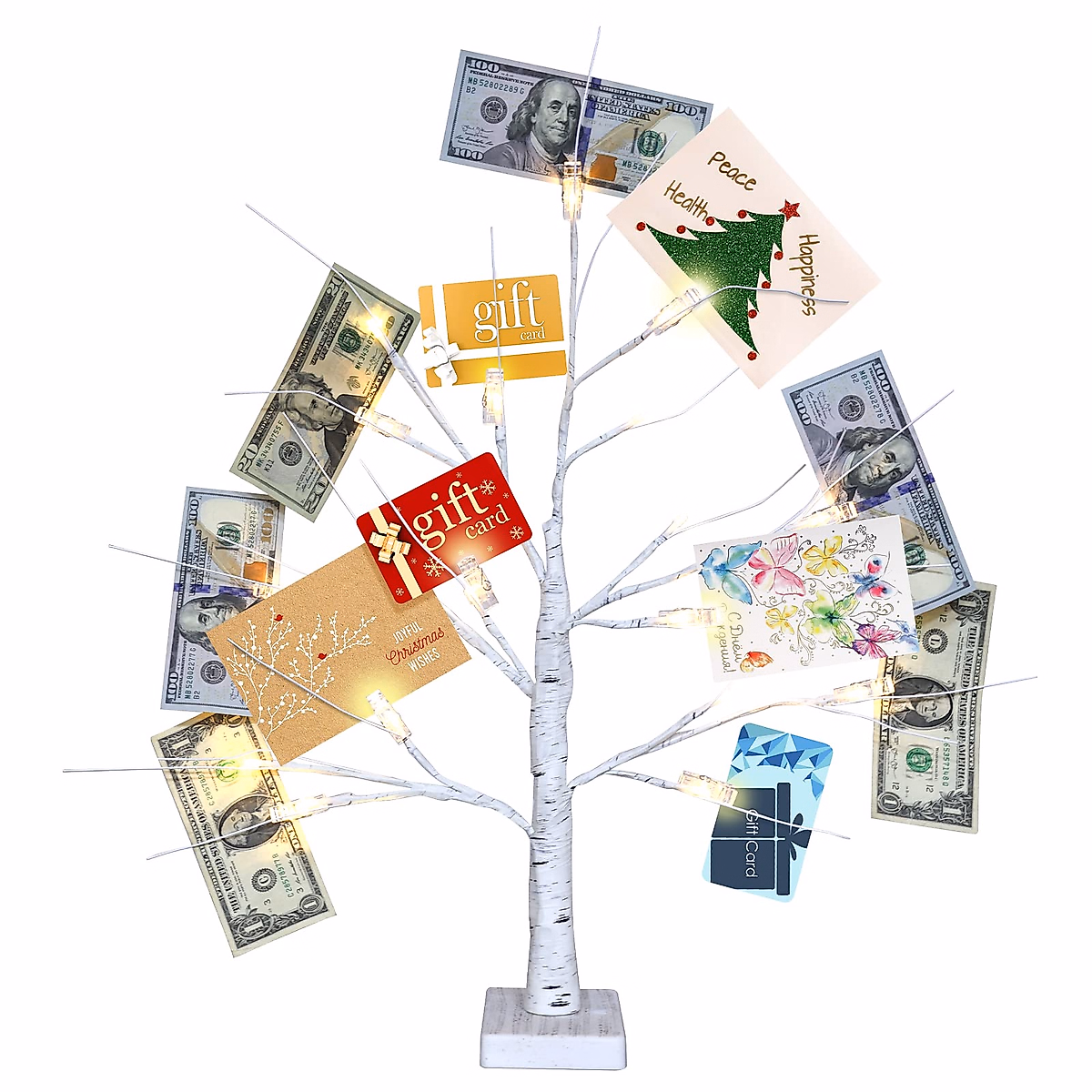DECORKEY Money Tree Gift Holder, 24" 2FT Birch Tree with LED Lights, Battery Powered Timer Display Trees Stands with 12 Clear Clips Card, for Christmas, Birthday, Wedding, Photo, Graduation (White)