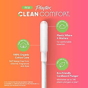 Playtex Clean Comfort Organic Cotton Tampons, Super Absorbency, Fragrance-Free, Organic Cotton - 30ct