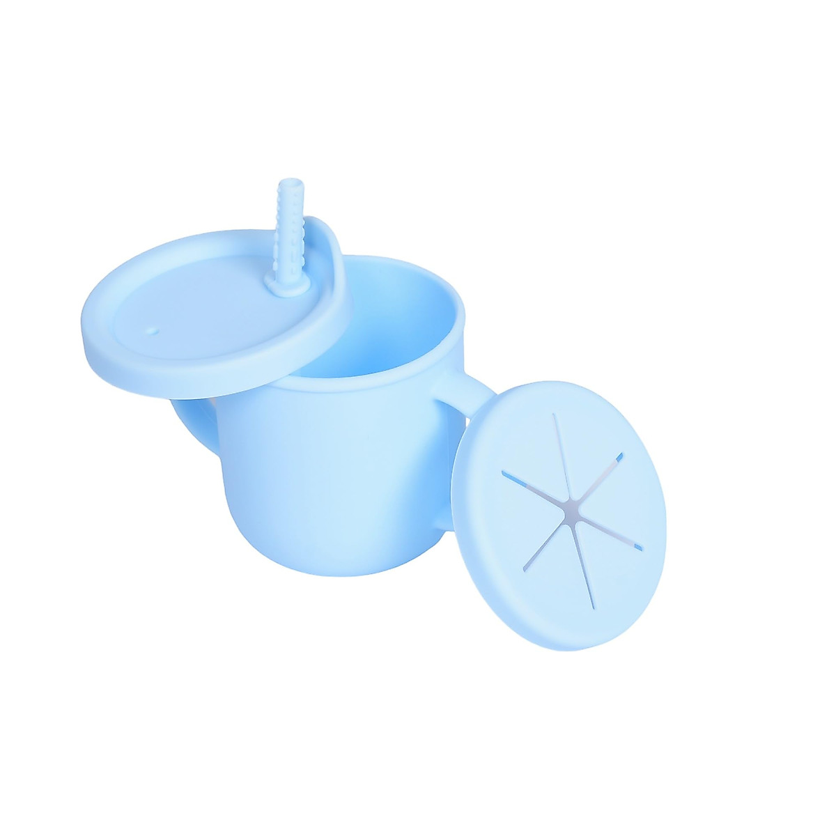 Silicone Baby Feeding Set, Baby Led Weaning Supplies, Eating Essentials Utensils with Suction Plate and Bowl, Pocket Bib, Sippy Cup with Lid, Forks Spoons Snack Container (Tropical Blue) 6M +