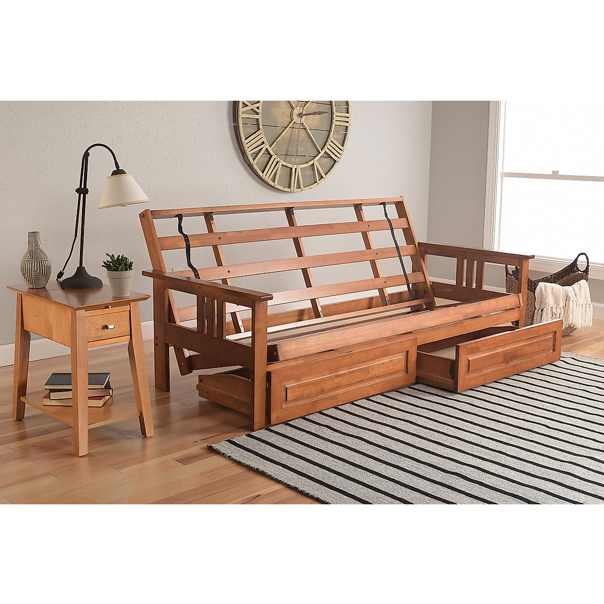 Kodiak Furniture Monterey Futon Set with Storage Drawers, with Barbados Base and Linen Charcoal Mattress
