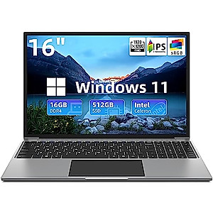 jumper 16 Inch Laptop, 16GB RAM 512GB SSD, Quad-Core Intel Celeron N5095, FHD IPS 1920x1200 Screen, Windows 11 Laptops Computer with Four Stereo Speakers, Cooling System, 38WH Battery, Numeric Keypad.