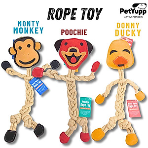 PetYupp Natural Cotton & Jute with Genuine Leather Rope Dog Chew Toy - 16" Long - Interactive Dog Toy for Teething Puppies, Small, & Medium Size Dogs, Promote Dental Health (Donny Ducky)