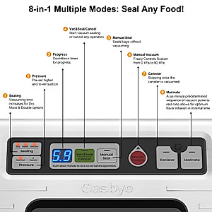 Gasbye Vacuum Sealer Machine, 90kPa Food Sealer with Double Heat Seal for Dry/Moist Food, Easy-lock Handle, Built-in Bag Storage & Cutter, Progress Display, Removable Drip Tray, Silver