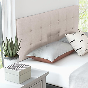 KOMFOTT Linen Upholstered Headboard for Full & Queen Size Bed Frame, Tufted Button Bed Headboard with Solid Rubber Wood Legs, Rectangular Headboard with Adjustable Width, Beige
