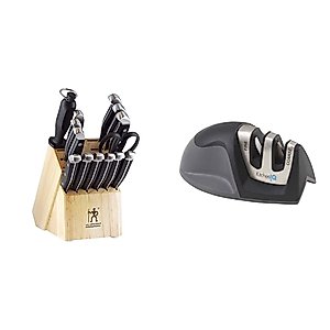 HENCKELS Premium Quality 15-Piece Knife Set with Block + KitchenIQ 50009 Edge Grip 2-Stage Knife Sharpener