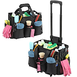 Housolution Rolling Cleaning Caddy Bag with Detachable Trolley, Professional Portable Large Cleaning Bag with Wheels, Wearable Cleaning Supply Bag with Handle on Wheels for Housekeepers