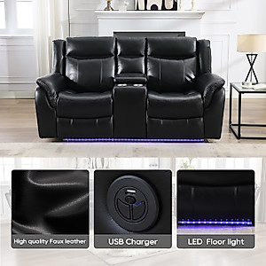Power Loveseat Recliner Couch with console, Faux Leather Reclining Dual Recliners with LED Lights, Comfort Stretch Love Seat Recliner Sofa, Movie RV Theater Seating Chairs for Living Room, Home, Black