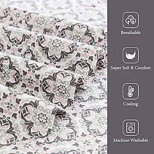 KaceMoo King Sheet Set 4PC Printed Sheets Beige Floral Pattern Boho Sheets Cooling Deep Pocket Microfibe Bed Sheet King Size, Luxury, Soft, Breathable, Hypoallergenic, Wrinkle Free for Kids Room, Dorm