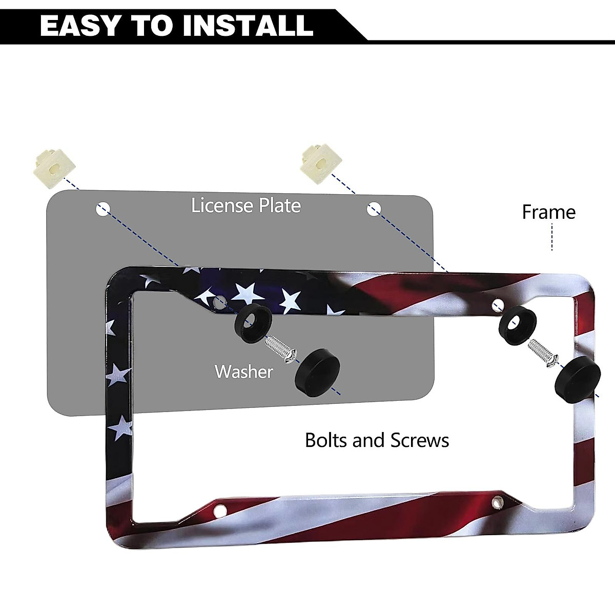 American Flag License Plate Frame Holder - 2 Pack Universal Aluminum Matte Stripe US Flag Gloss Patriotic Car Plate Frame Covers with Free Screws Fasteners Caps