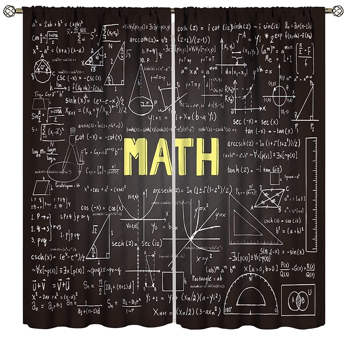 Mathematics Room Curtains, Dark Blackboard Backdrop with Math Equations Geometry Axis Art Blackout Rod Pocket Curtains for Classroom Study Bedroom Living Room Window Drapes 42x63in