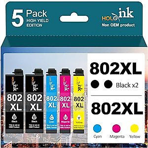 5 Pack 802XL Remanufactured Replacement for Epson 802 Ink Cartridges for Workforce Pro WF-4740 WF-4730 WF-4720 WF-4734 EC-4020 EC-4030 (2 Black, 1 Cyan, 1 Magenta, 1 Yellow)