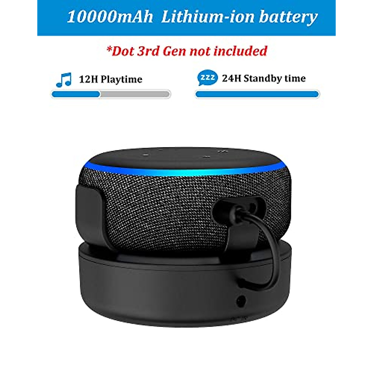 PlusAcc Battery Base for Echo Dot 3rd Generation - 10000 mAh Portable Alexa Charger Stand Holder for Echo Dot 3rd Gen, Up to 16 Hours Playtime (Black)