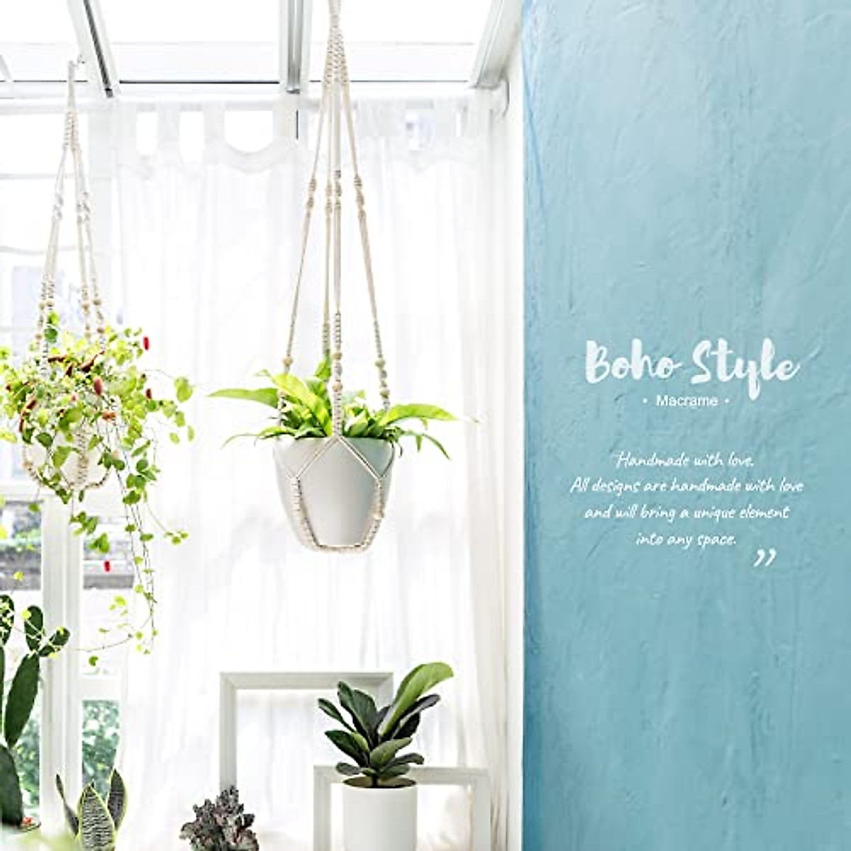 Mkono 43 Inch Macrame Plant Hanger Large for up to 12 Inch Pot Extra Long Hanging Plant Holder No Tassels Hanging Planter Basket with Wood Beads for Indoor Outdoor Boho Home Decor, Ivory