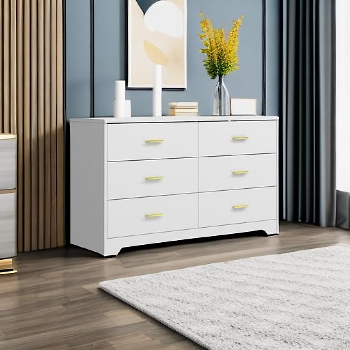Modern 6 Drawer Wood Dresser, Wood Lateral Chest of Drawers Storage Organizer with Wide Drawers & Metal Gold Handles for Bedroom, Living Room, Hallway, Entryway