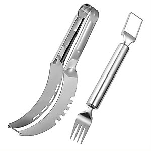 Generic New 2 pcs Set 2-in-1 Stainless Steel Fruit Cutter, Watermelon Melon Cutter with Fork, Tool 2 pcs Watermelon Slicer for Kitchen (Silver)