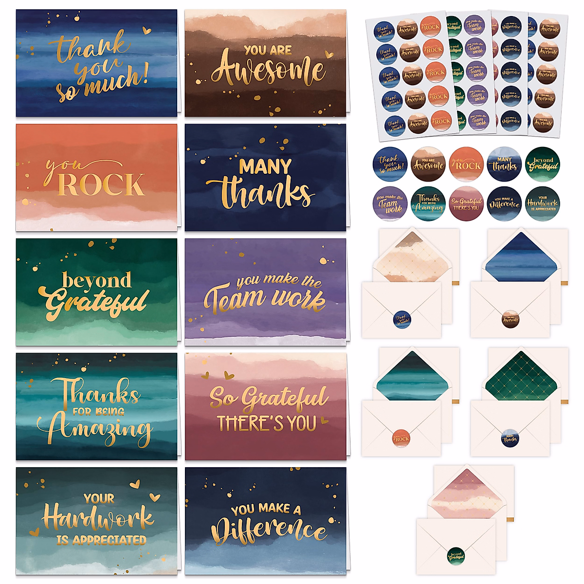 Decorably 50 Pack Gold Foiled Employee Appreciation Cards with Envelopes & Stickers, 10 Designs Blank Inside Employee Thank You Cards, 6x4 Staff Appreciation Cards for Coworkers You Are Awesome Cards