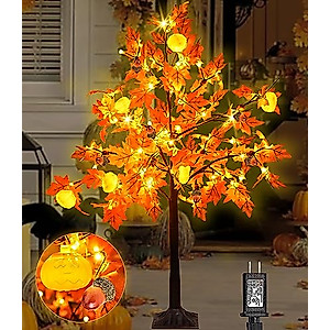 4 Ft Lighted Prelit Maple Tree Fall Decor 42 Warm White LEDs with 6 Pumpkin Lights Timer 8 Modes Remote Control Home Indoor Outdoor Autumn Thanksgiving Decorations Artificial Tree Harvest Halloween