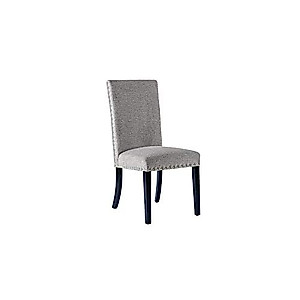 Cui Liu Owen Upholstered Dining Chair – Armless Dining Chair in Grey Linen with Black Wooden Leg and Shiny Silver Nailhead (Set of 2)