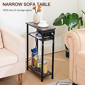 AMHANCIBLE Narrow Side Table Set of 2 with Charging Station, Small End Tables for Small Spaces, 3-Tier Skinny Side Table, Narrow End Table with USB Ports, Narrow Nightstand Set 2, HETN03KG