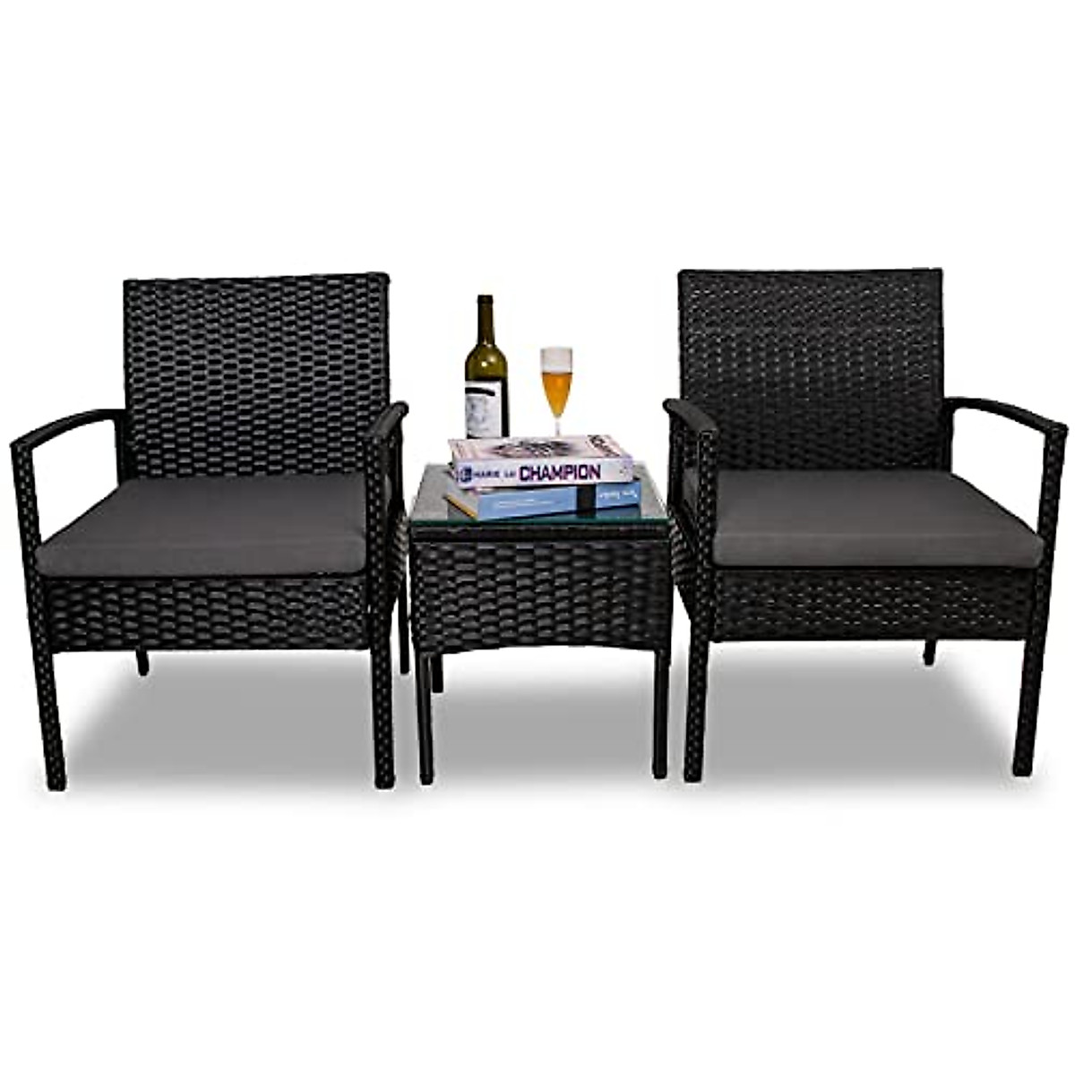 4 pcs Outdoor Patio Furniture Sets, Rattan Sofa Chair Set, Wicker Conversation Set, Poolside Lawn Chairs with Tempered Glass Coffee Table, Porch Balcony Garden Furniture (3PC-Grey Cushion 2)