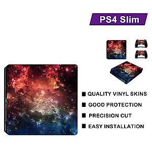 FOTTCZ Full Body Orange and Blue Cosmic Nebular Protective Vinyl Skin Decal for PS4 Slim Console and 2PCS Controller Skins Stickers