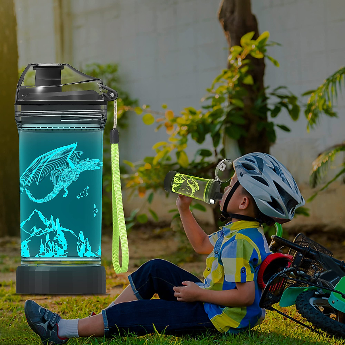 Attivolife Dragon Watter Bottle, 3D Illusion Glowing LED Light with 7 Color Changing Lights - 14 0z BPA Free - Creative Ideal Travel Cup Dinosaur Gift for School Boy Kid Child Holiday Camping Picnic