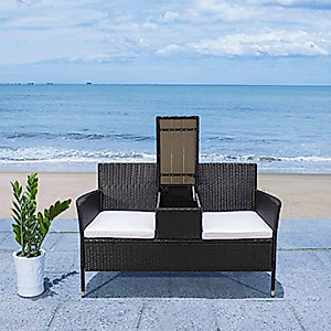 Safavieh Outdoor Collection Viora Wicker Loveseat PAT7710A, Black/White Cushion