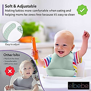 elbebe Silicone Baby Feeding Set - 7pcs Baby Led Weaning Supplies w/Strong Suction Cup - Baby Feeding Supplies, Baby Eating Supplies, Silicone Baby Plates and Bowls Set (Sea Mist Green)