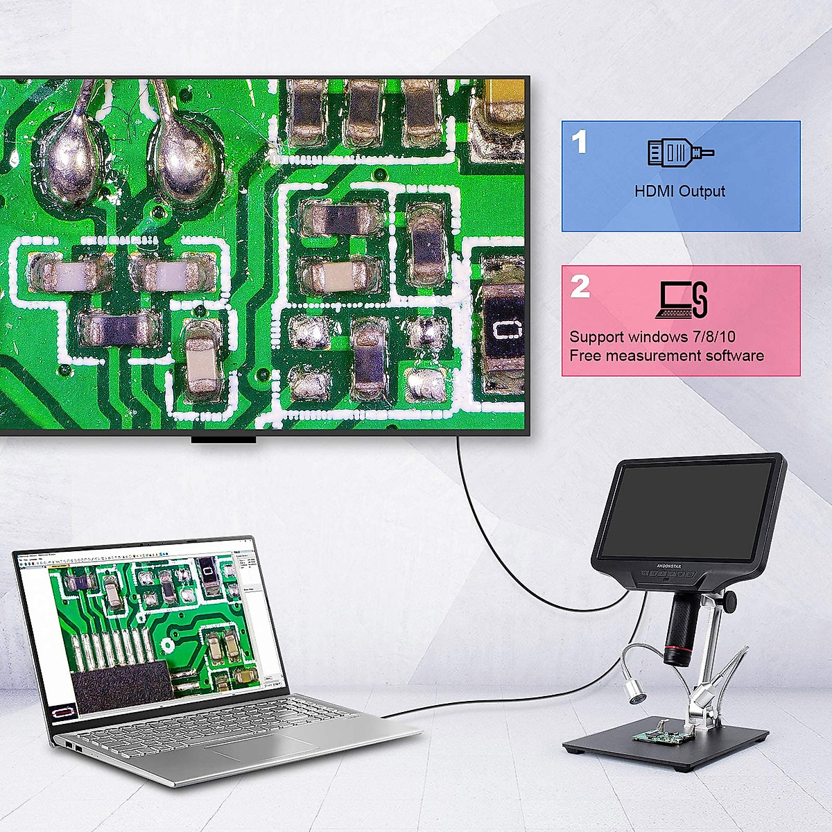 Andonstar AD409 10.1 inch HDMI Digital Microscope for Soldering 300X Electronic Microscope Camera for PCB Circuit Board Repair, Windows Compatible