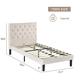 Catrimown Twin Size Bed Frame, Linen Upholstered Platform Bed with Complete Headboard, Strong Wooden Slats, No Box Spring Needed, Easy Assembly, Beige