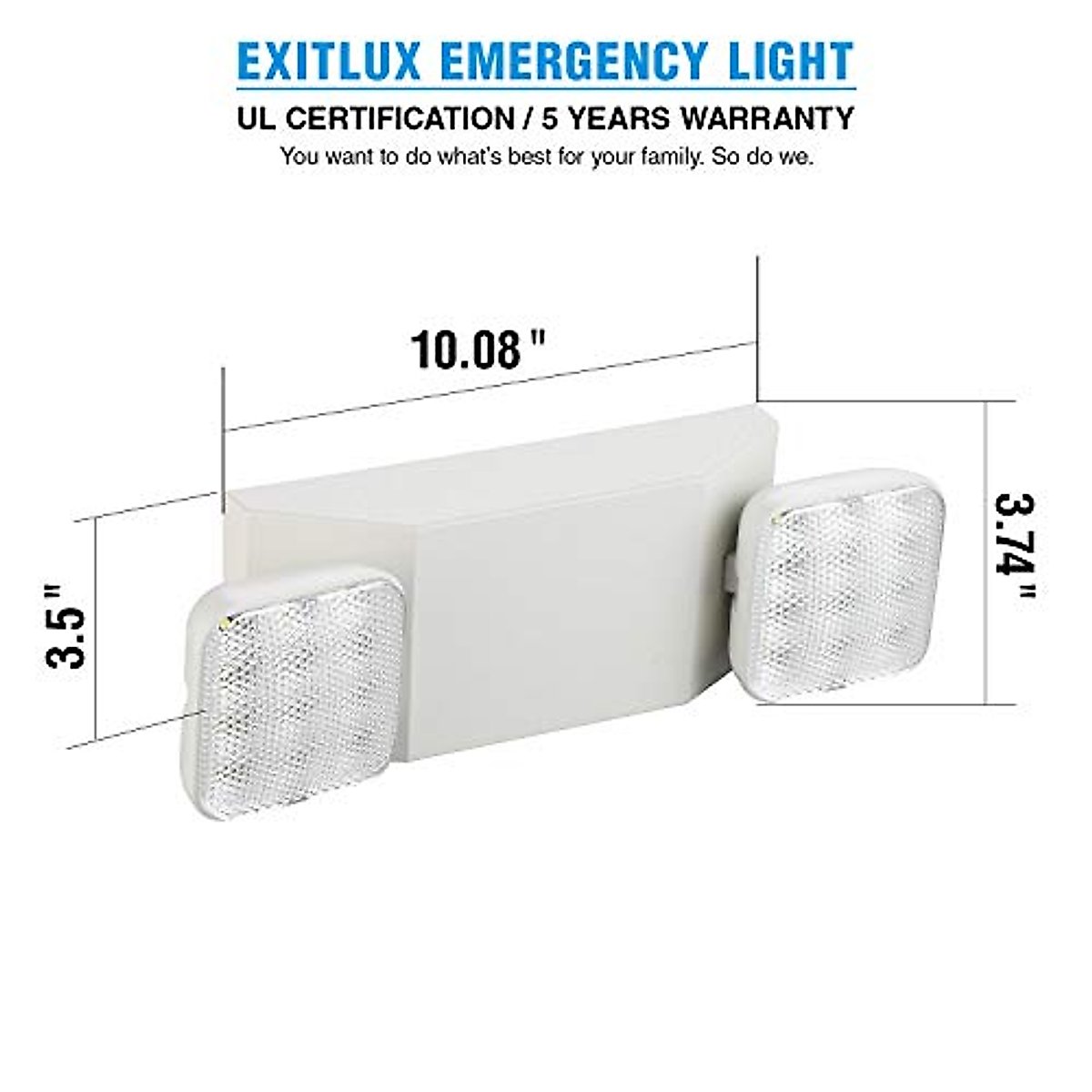 EXITLUX 1 Pack LED Emergency Lighting Fixture with 2 LED Heads-Hardwired Adjustable White Commercial Emergency Lights with Battery Backup for Power Failure