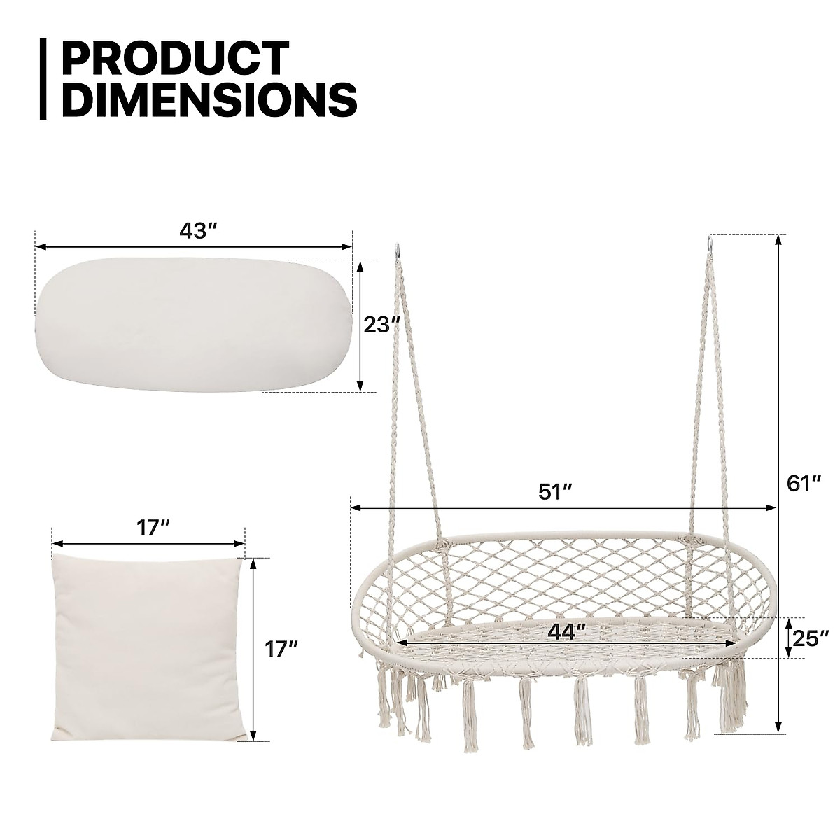 MoNiBloom Double Swing Chair with 3 Cushions for Outside, Large Hanging Macrame Swing Chair for Indoor/Outdoor Relax, Adult Hammock Boho Chair Max 700 lbs Capacity for Porch Balcony Backyard, Beige