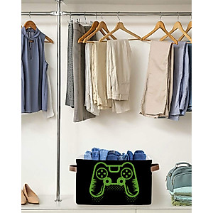 Gaming Cube Storage Organizer Bins with Handles,2-PC 15x11x9.5 Inch Collapsible Canvas Cloth Fabric Storage Basket,Green Kids Game Video Games Gamepad Controller Black Bin Boxes for Shelves