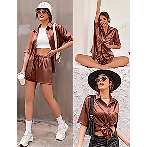 Ekouaer Satin Pajamas Womens Lightweight Sleepwear Short Sleeve Sleep Shirt Boyfriend Top and Shorts 2 Piece Silk PJ Set Brown,S