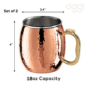 Oggi Set of 2 Hammered Stainless Steel Moscow Mule Mugs- 18oz Copper Plated Moscow Mule Cups w/EZ-Grip Handle, Cocktail Cart & Home Bar Accessories, Great Kitchen Gifts