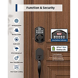 Fingerprint Keyless Entry Door Lock with Handle - TEEHO TE002H Smart Keypad Deadbolt Set for Front Door - 0.3s Biometric Identify - Auto Lock - IP54 Waterproof - Oil Rubbed Bronze