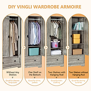 Bonnlo 38" Wide Armoire Wardrobe Closet with Hanging Rod, Adjustable Shelves and Drawer, Freestanding Wardrobe Closet with Doors, Bedroom Armoires and Wardrobes, Rustic Grey, 38" W x 20.5" D x 65" H
