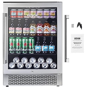 VEVOR Cooler 154 Cans Capacity Refrigerator Under Counter Built-in or Freestanding Beverage Fridge with Blue LED Light, Tempered Glass Door, Child Lock for Drink Soda Wine, Silver